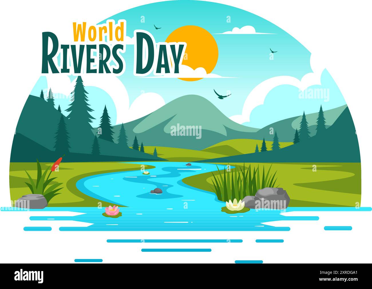 Vector Illustration of a River Landscape with Mountain Views, Green ...