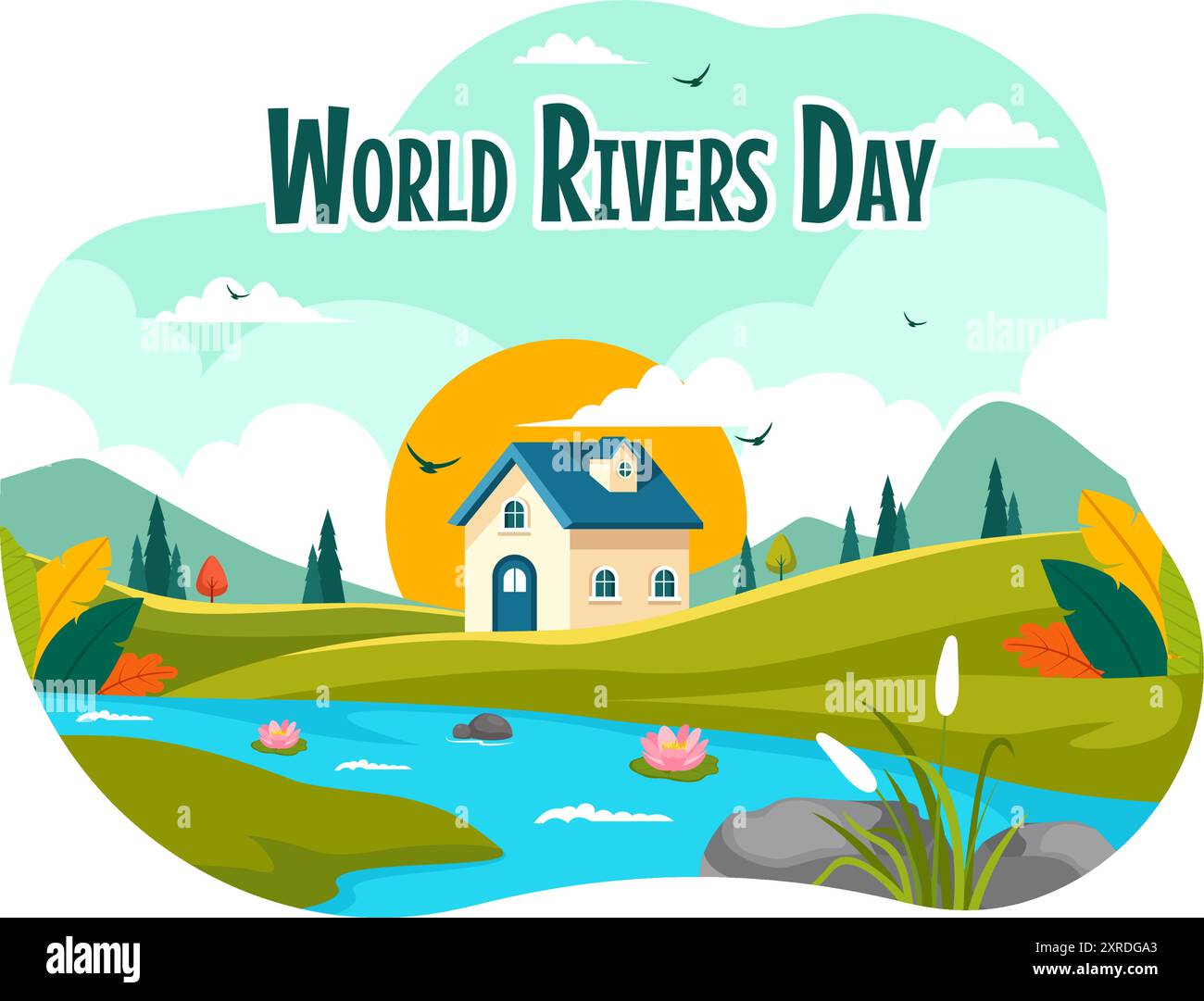 Vector Illustration of a River Landscape with Mountain Views, Green ...