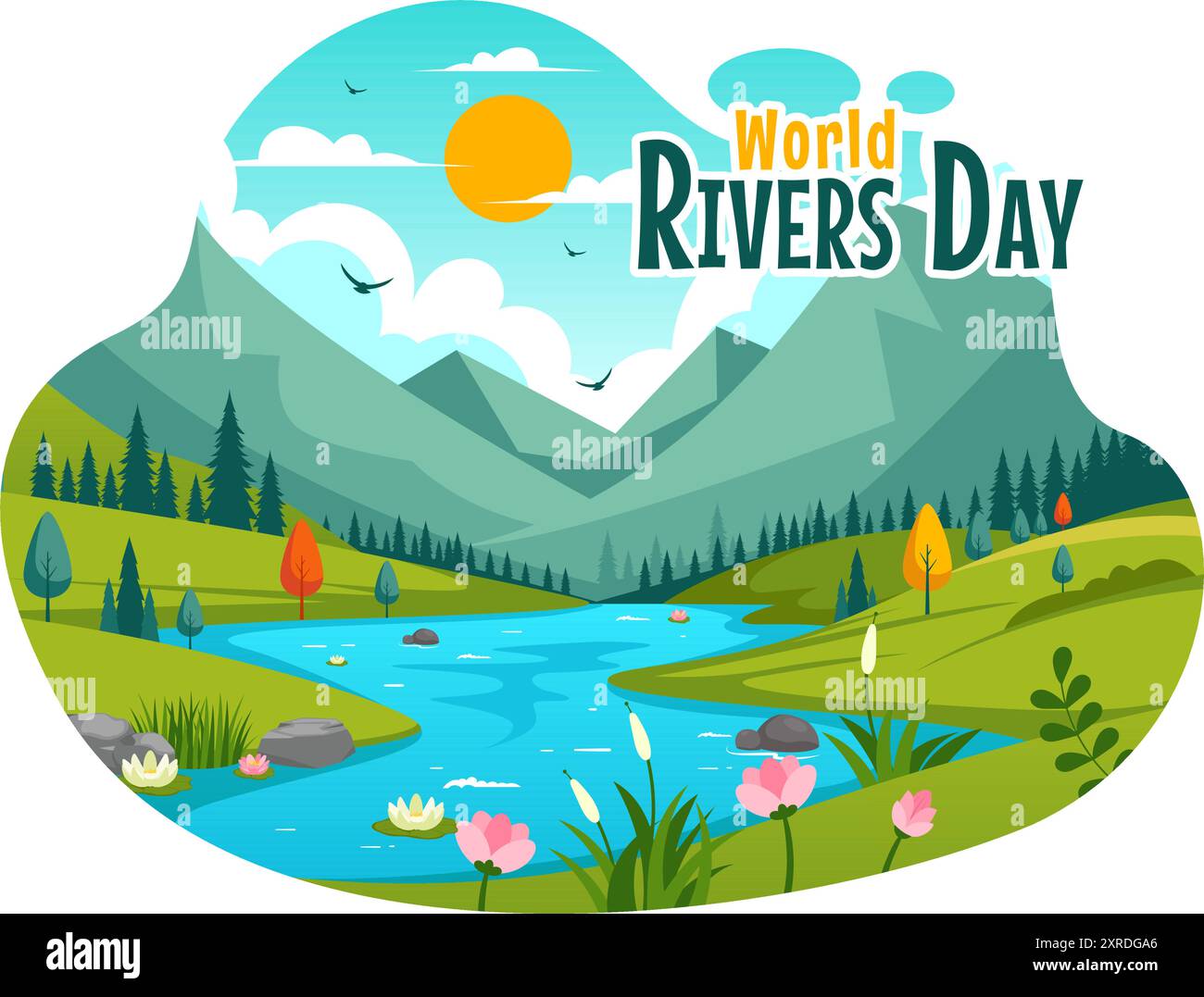 Vector Illustration of a River Landscape with Mountain Views, Green ...