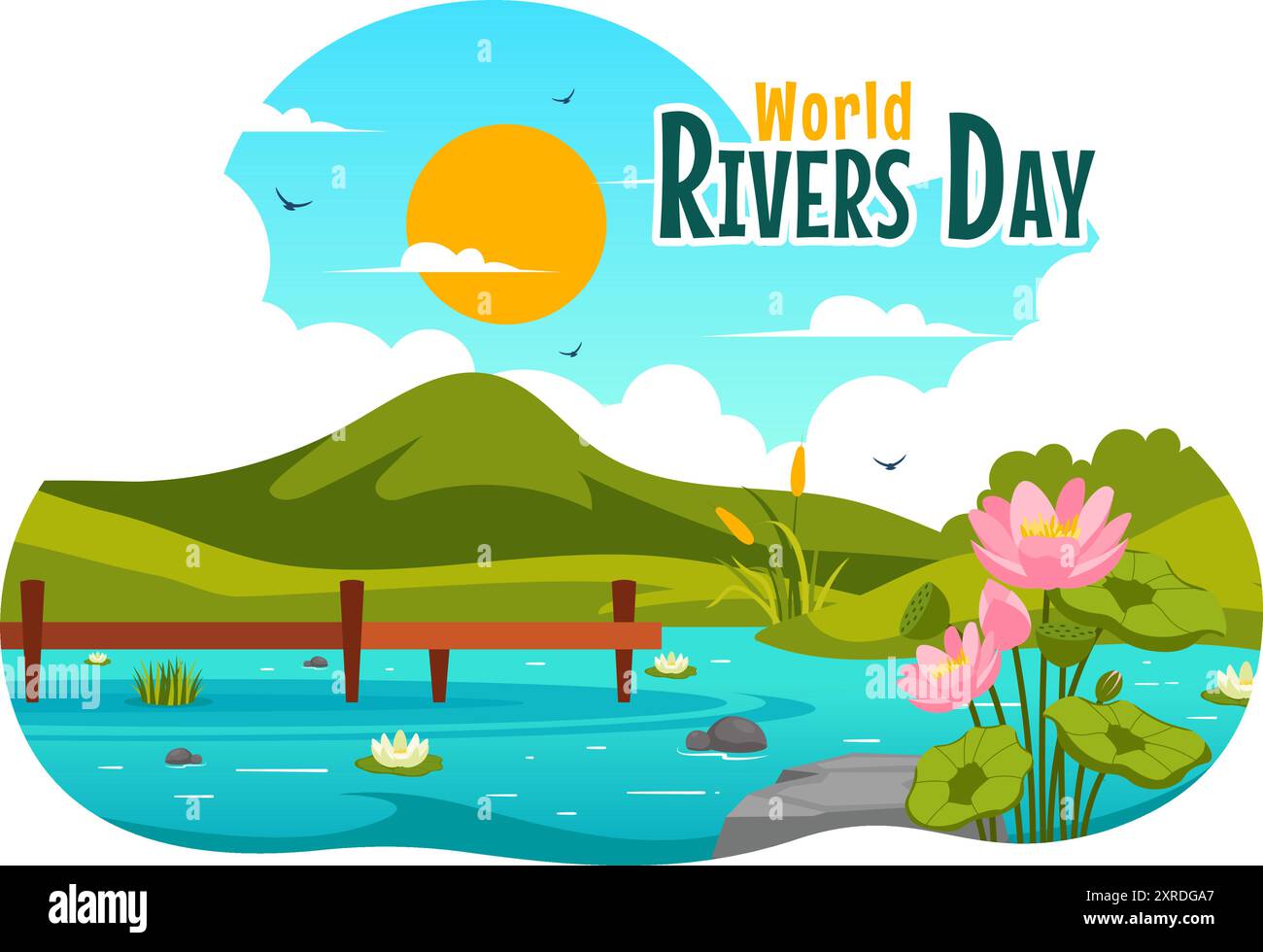 Vector Illustration of a River Landscape with Mountain Views, Green ...