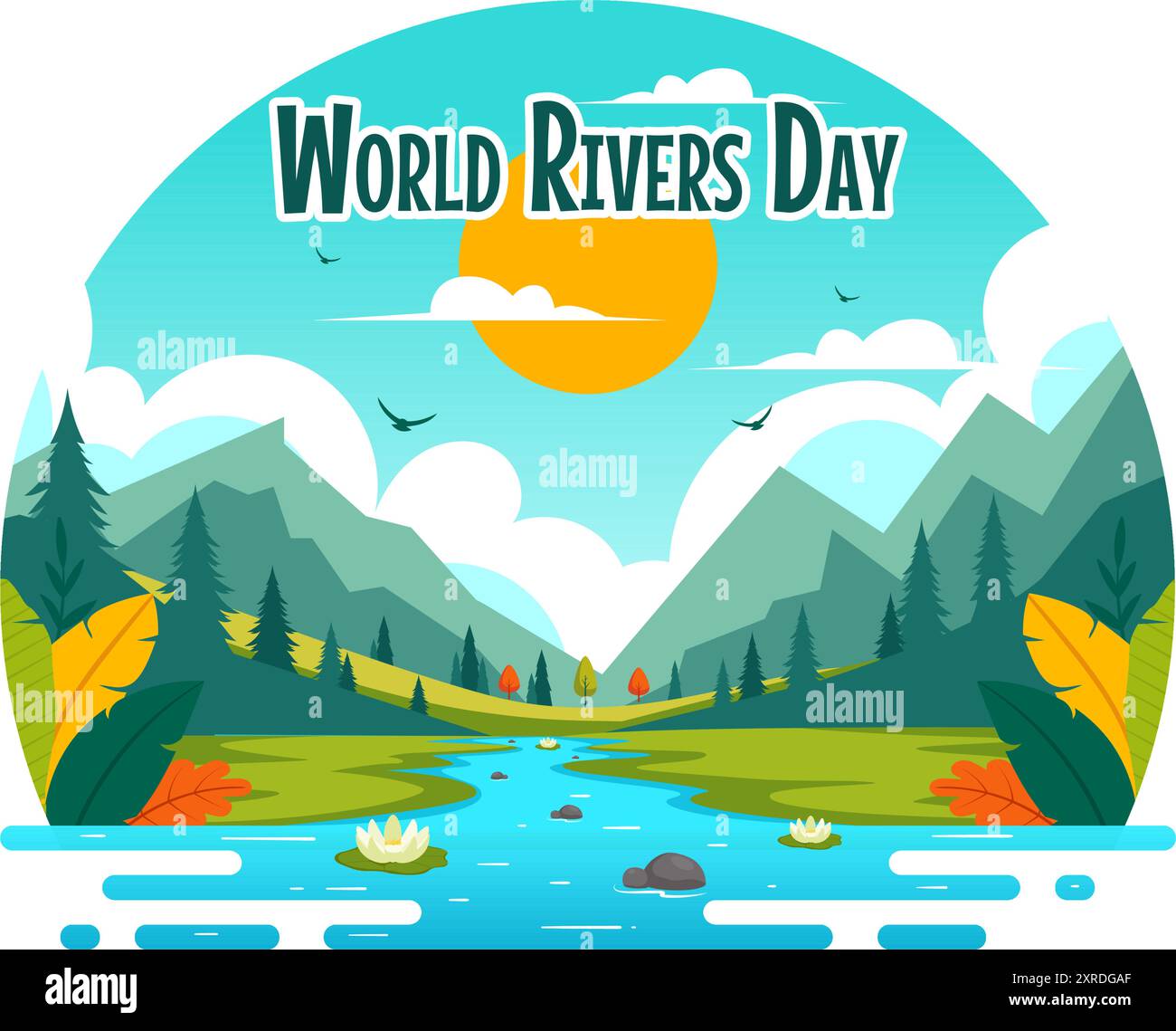 Vector Illustration of a River Landscape with Mountain Views, Green ...