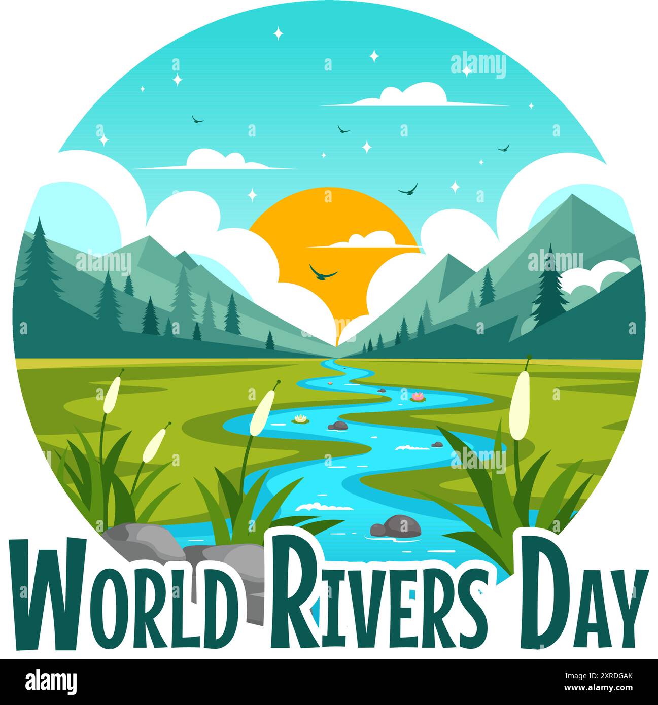 Vector Illustration of a River Landscape with Mountain Views, Green ...