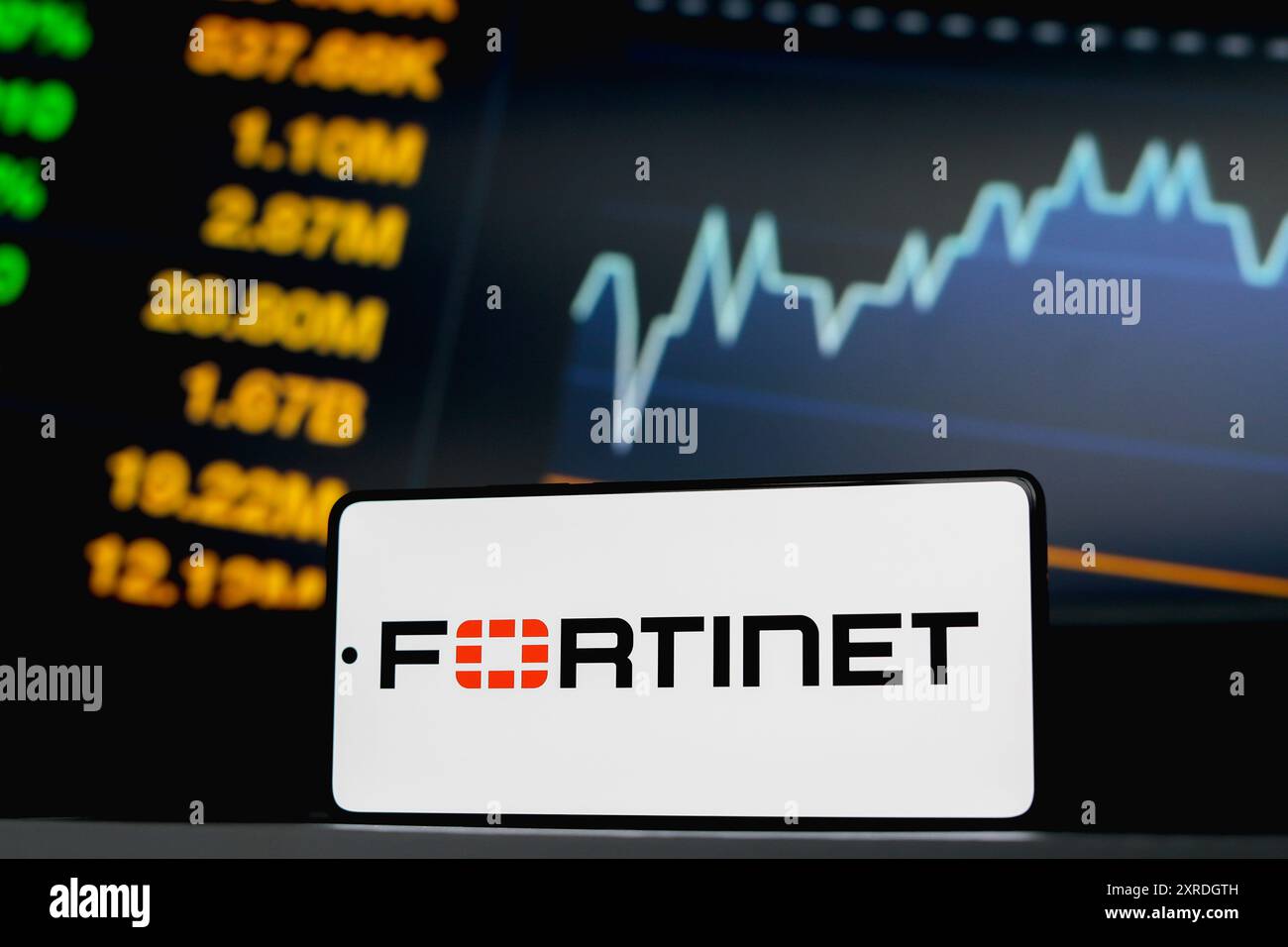 In this photo illustration, the Fortinet logo is displayed on a ...