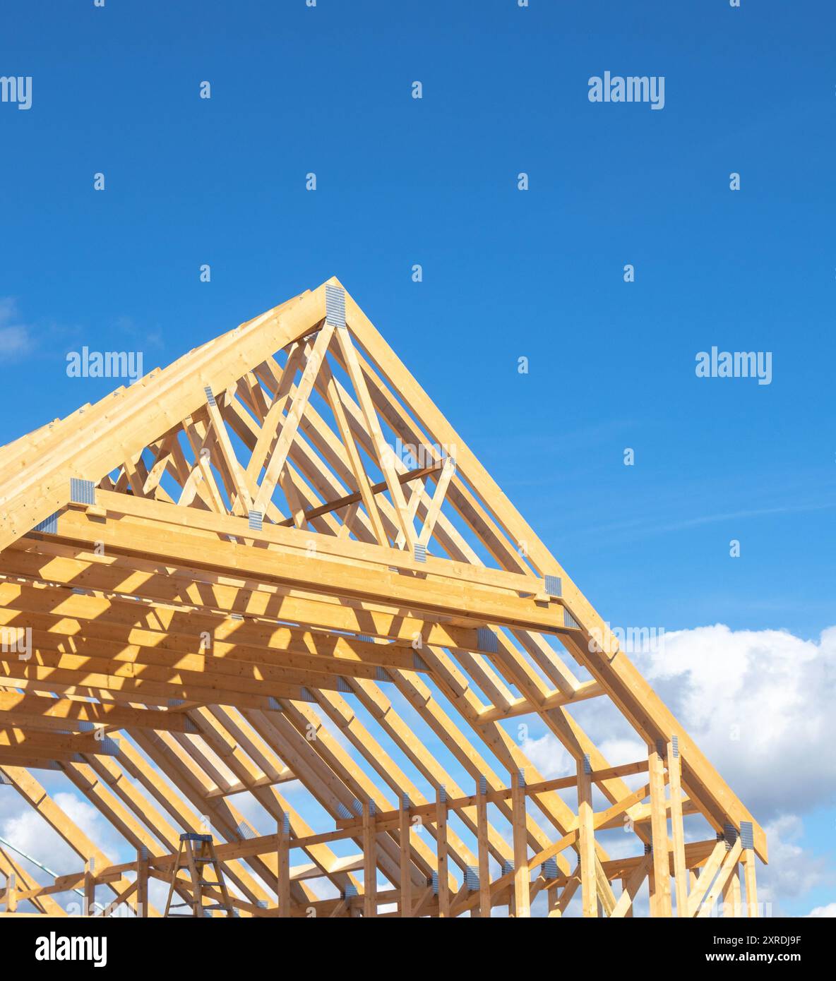 Partly assembled roof frame with stubbed eaves trusses comprised of ...