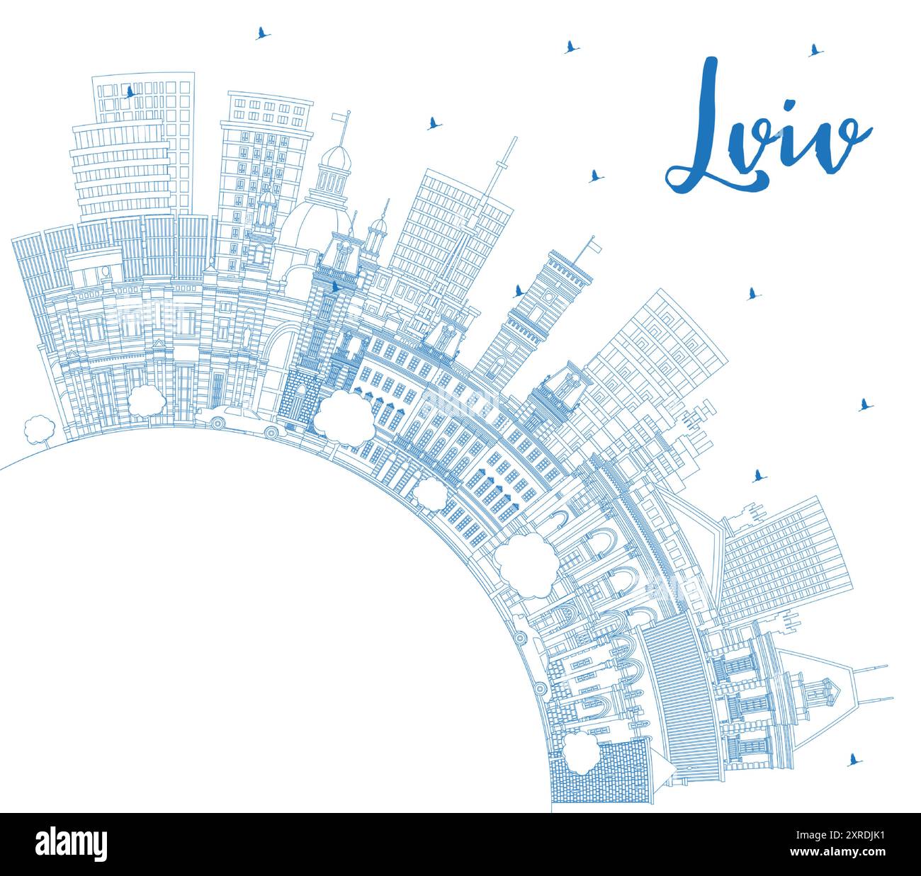 Outline Lviv Ukraine City Skyline with Blue Buildings and Copy Space ...