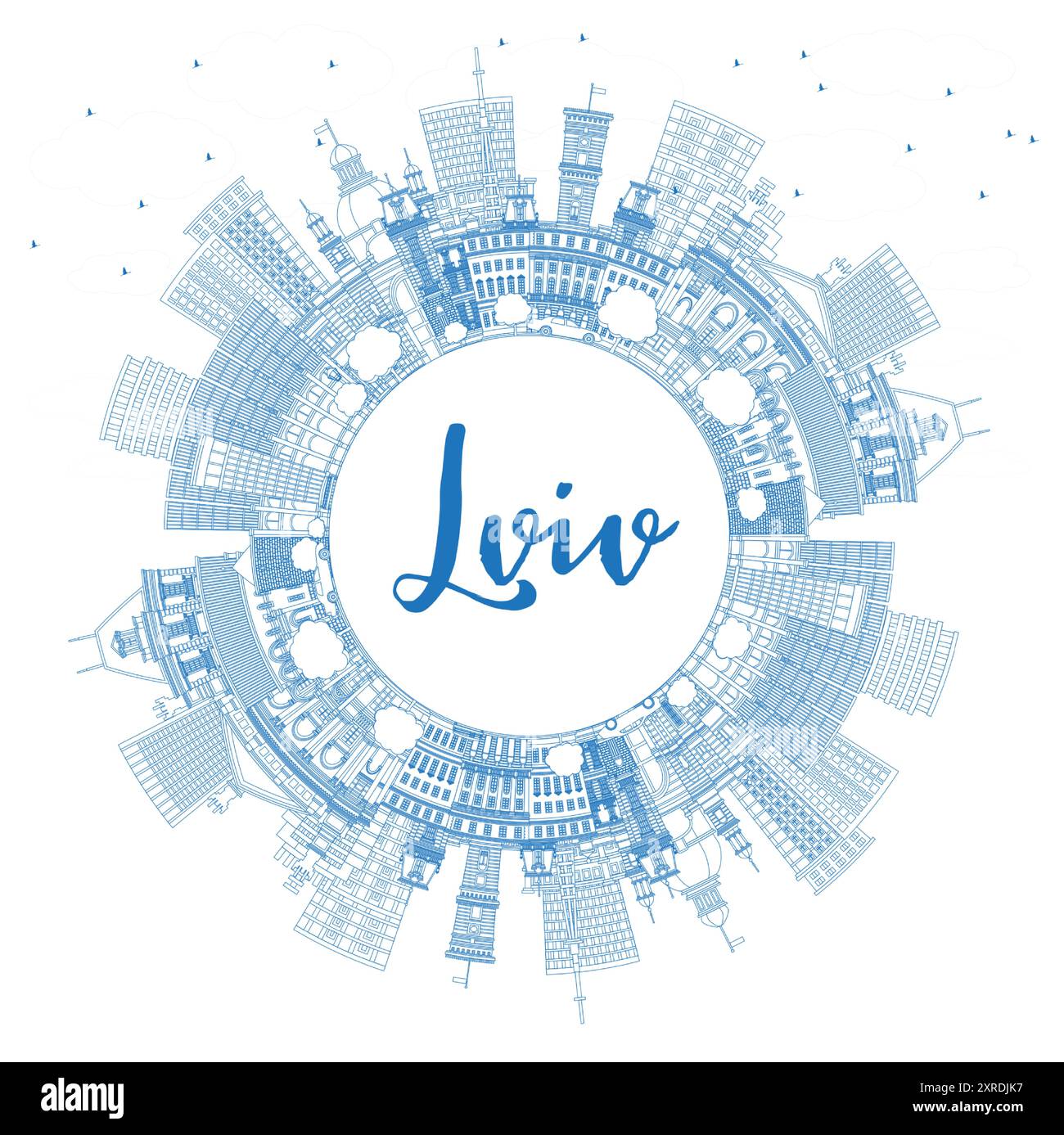 Outline Lviv Ukraine City Skyline with Blue Buildings and Copy Space ...