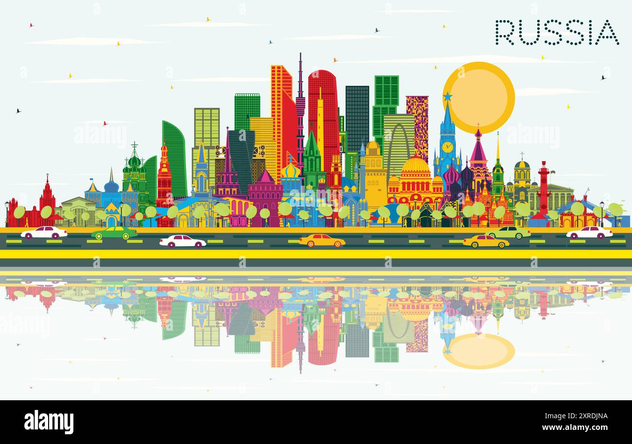 Russia City Skyline with color Buildings, Blue Sky and Reflections ...