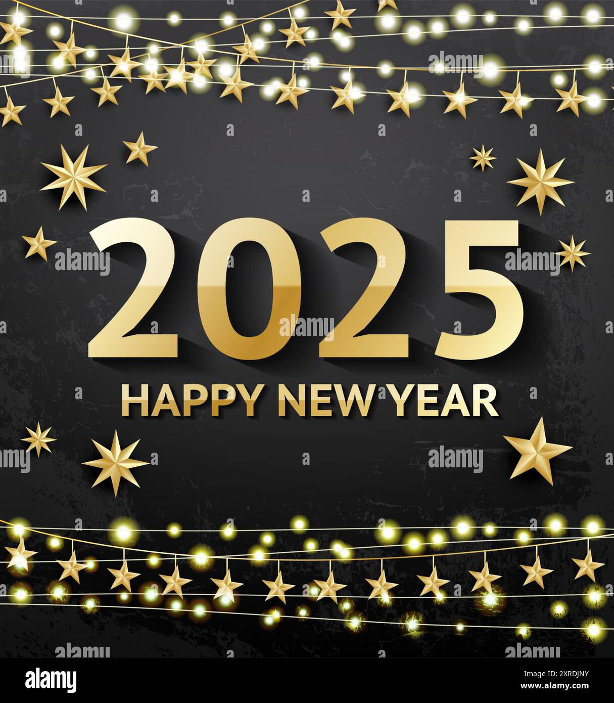 Happy new year 2025. Greeting card with neon garland and golden stars on black background with ...