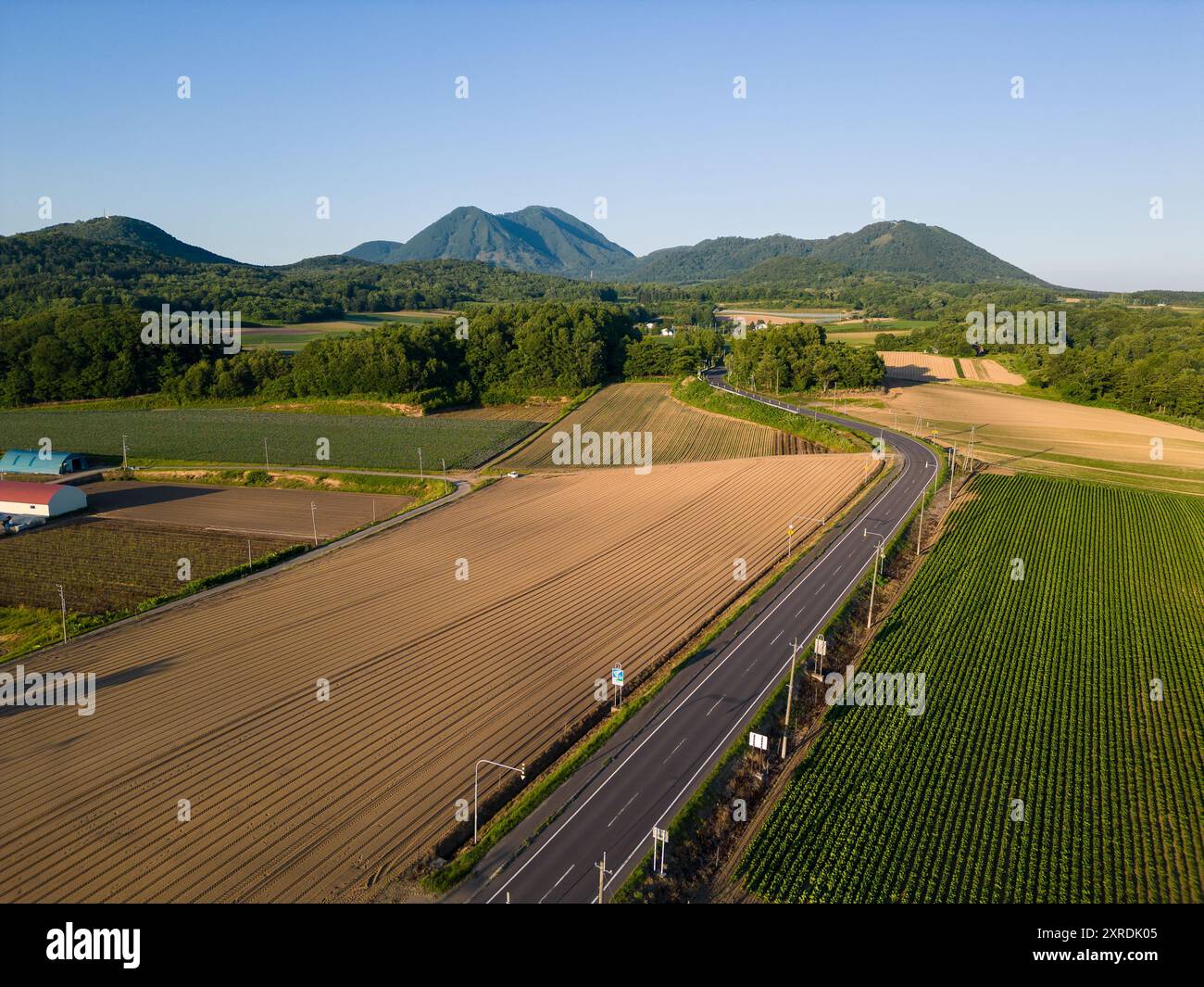 Niseko, Japan: Aerial view of the road surrounded by fields with Mt ...