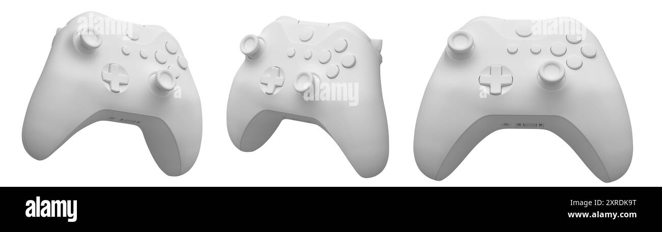 Collection of gaming controllers isolated on white background with ...