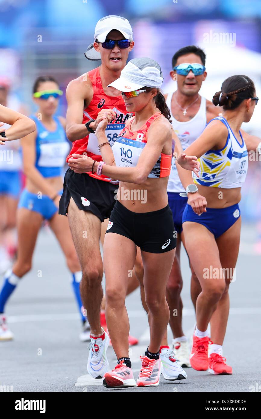 Paris, France. 7th Aug, 2024. (L to R) Masatora Kawano, Kumiko Okada (JPN) Race Walk : Mixed ...