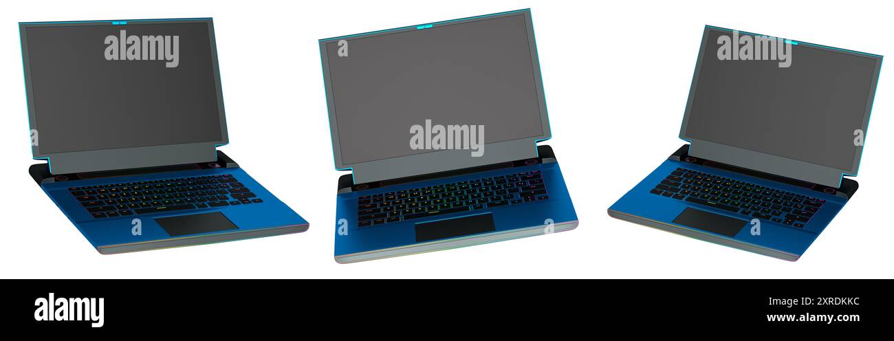 Set of modern laptops with rgb lights isolated on white background with ...