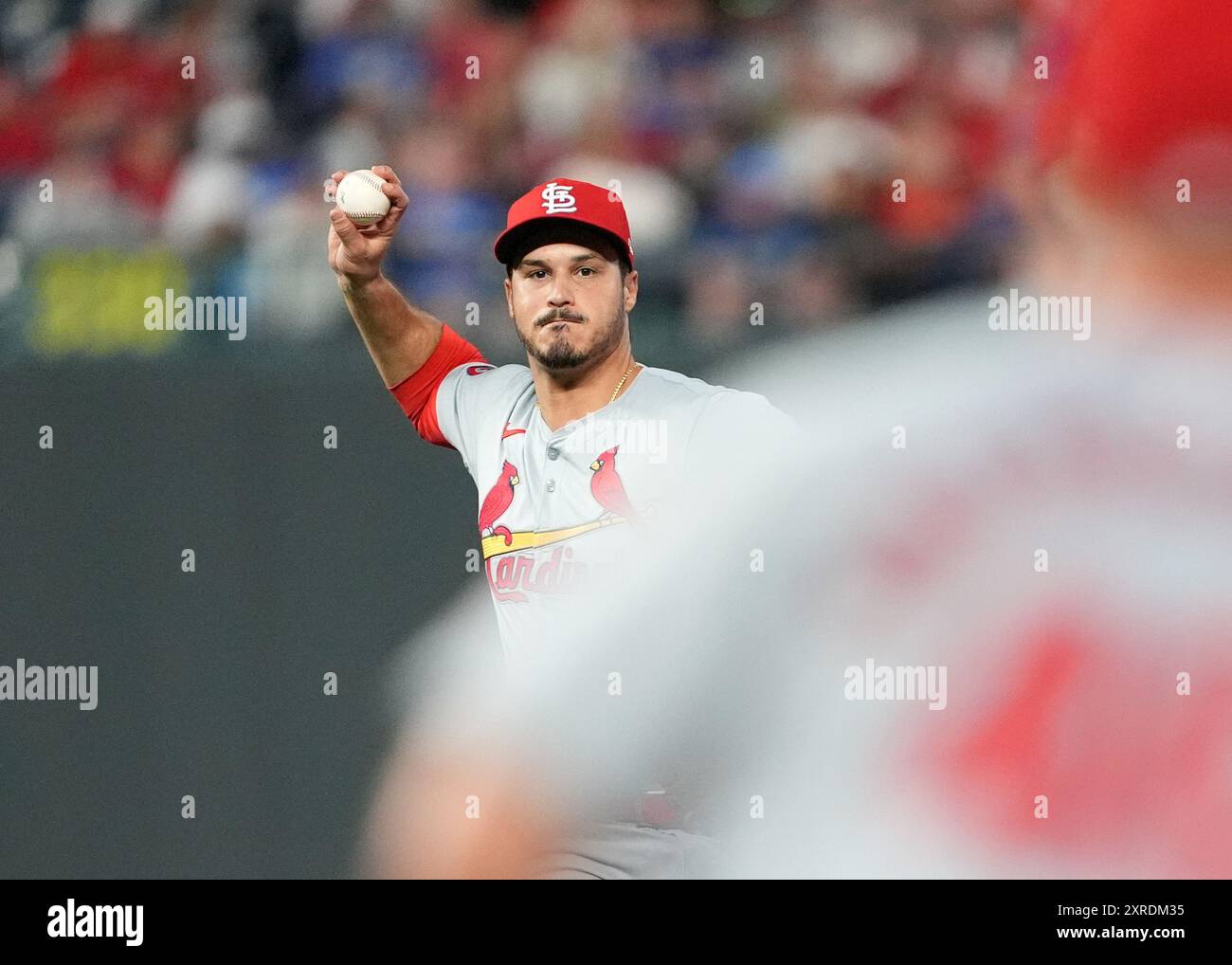AUG 9, 2024: St. Louis Cardinals third base Nolan Arenado (28) makes a throw across the diamond ...