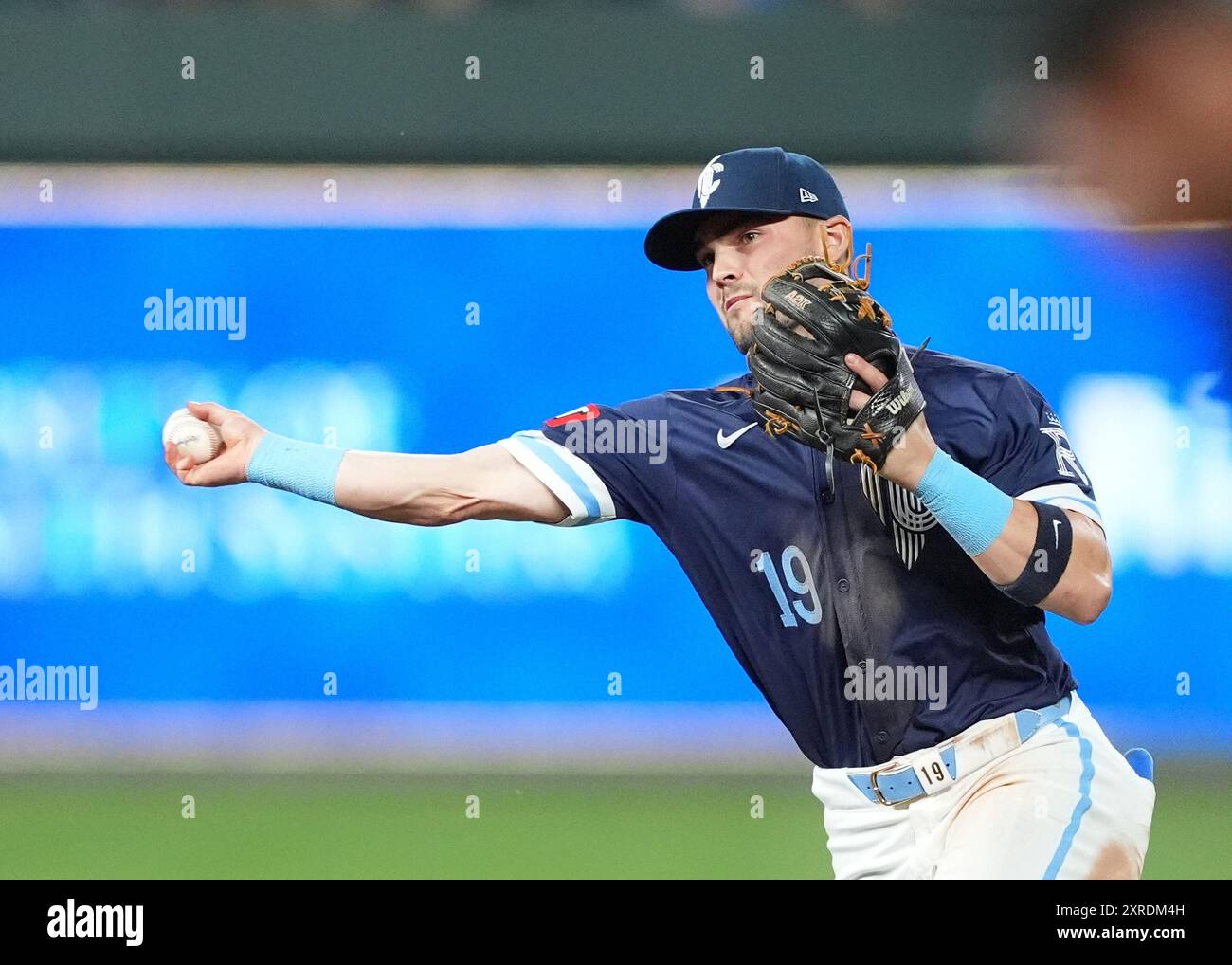 AUG 9, 2024: Kansas City Royals second base Michael Massey (19) makes a play for an out at ...