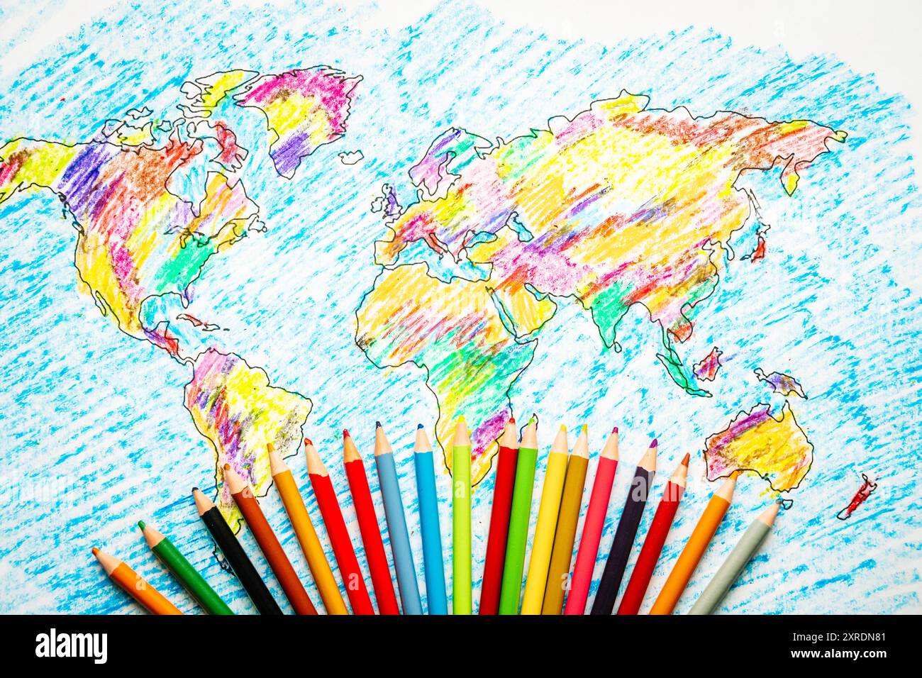 Color drawing world map with colored pencils for children and kids ...