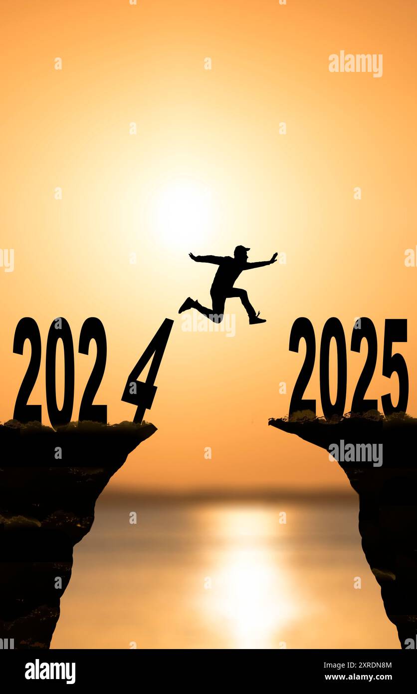 2025 year concept. Silhouettes of active people in nature against the ...