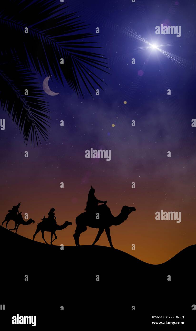 Nativity scene with the Magi in the desert, the star and the birth of ...