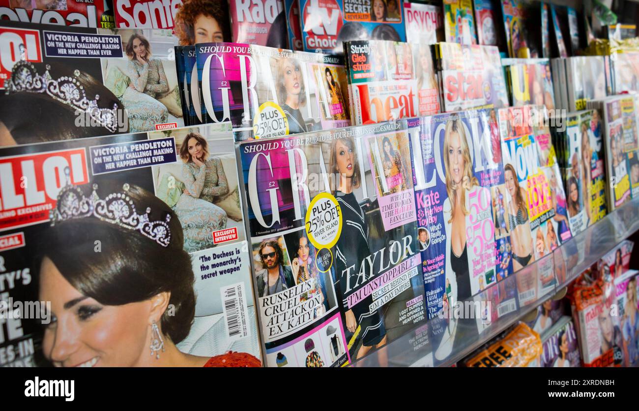 Magazine rack with British titles Grazia, Hello, Look, Now, TV Choice ...