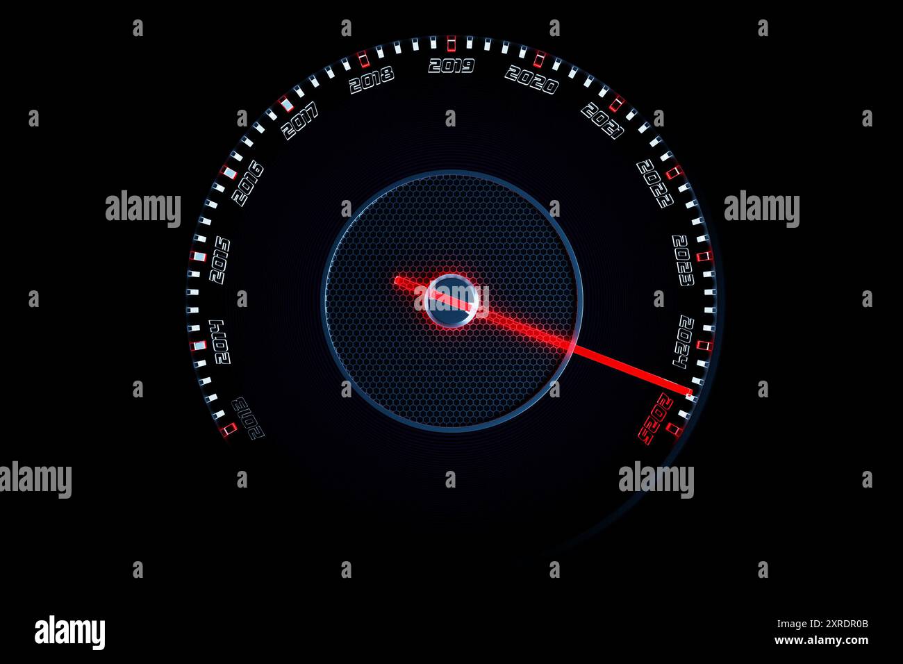 3D illustration close up black speedometer with cutoffs 2025 ,2024. The ...