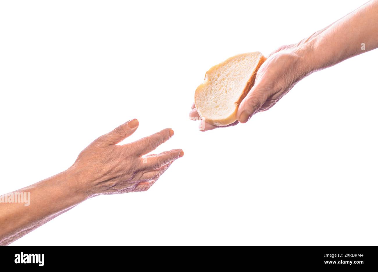 Helping the homeless, on white background close-up. Old woman's hand ...