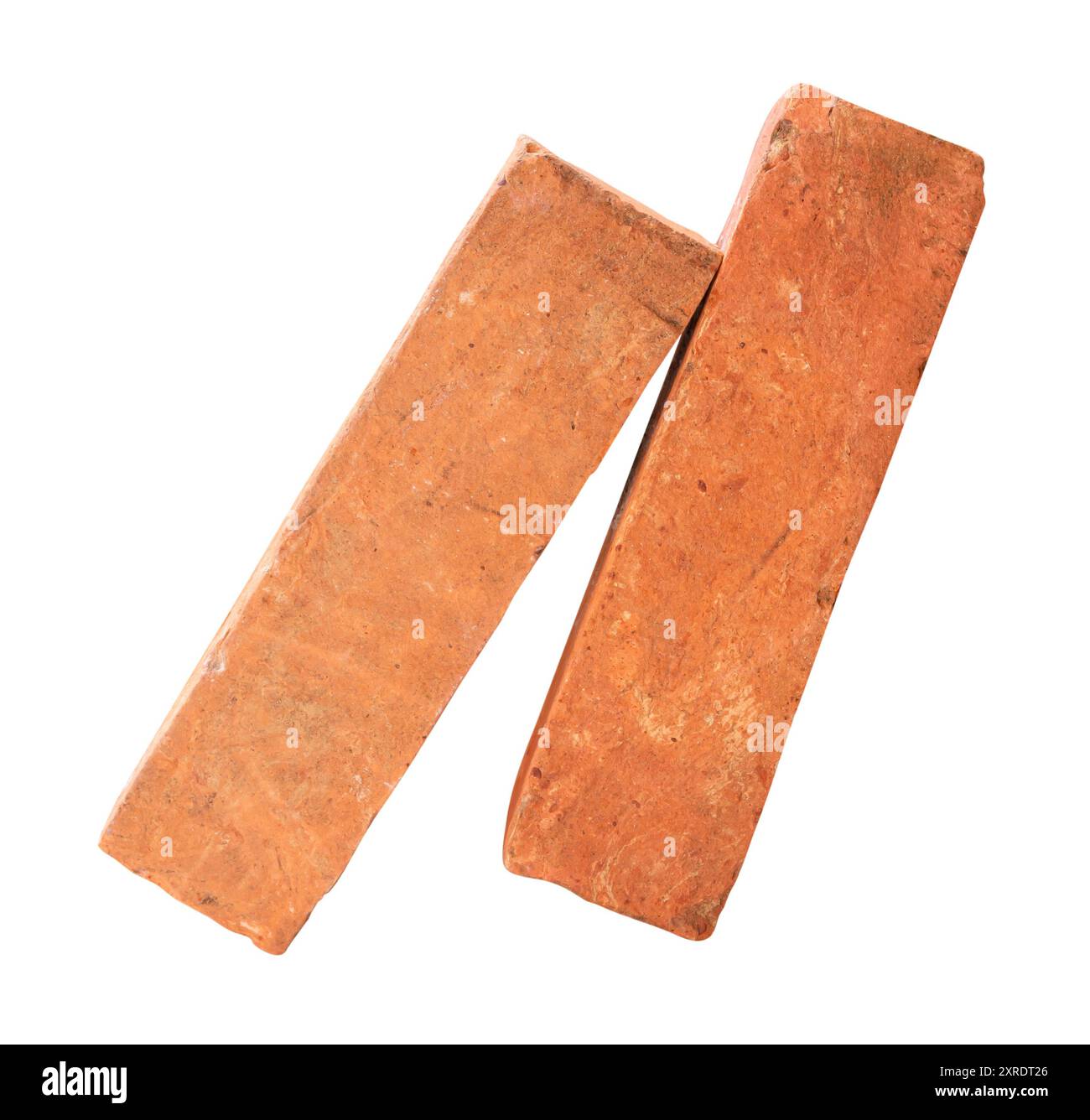 Side view of old red or orange bricks in stack is isolated on white ...