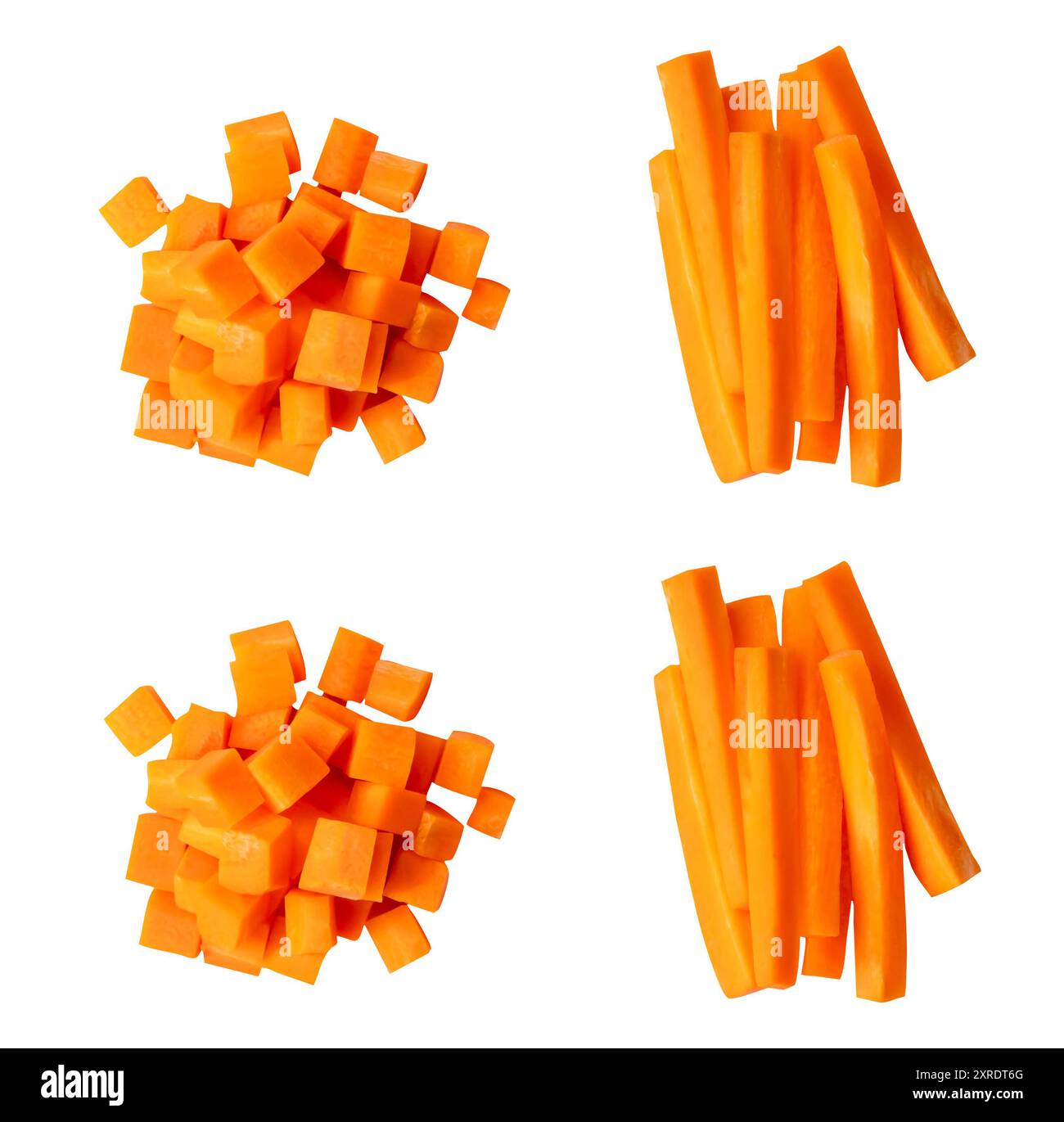 Top view set of orange carrots in cube shape and stick in stack is ...