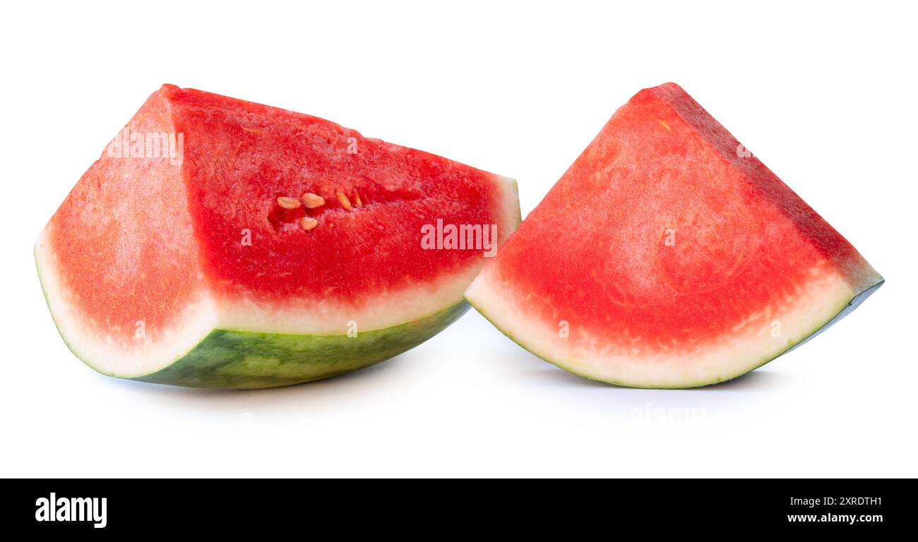 Front view of red watermelon slices or quarters in stack is isolated on ...