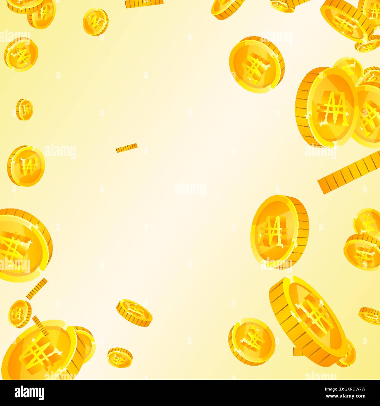 Korean won coins falling. Scattered gold WON coins. Korea money ...