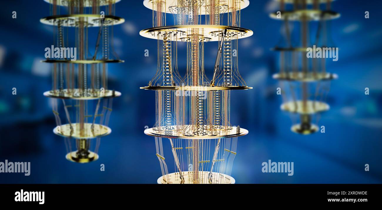 3d rendering group of golden quantum computer machines in laboratory ...