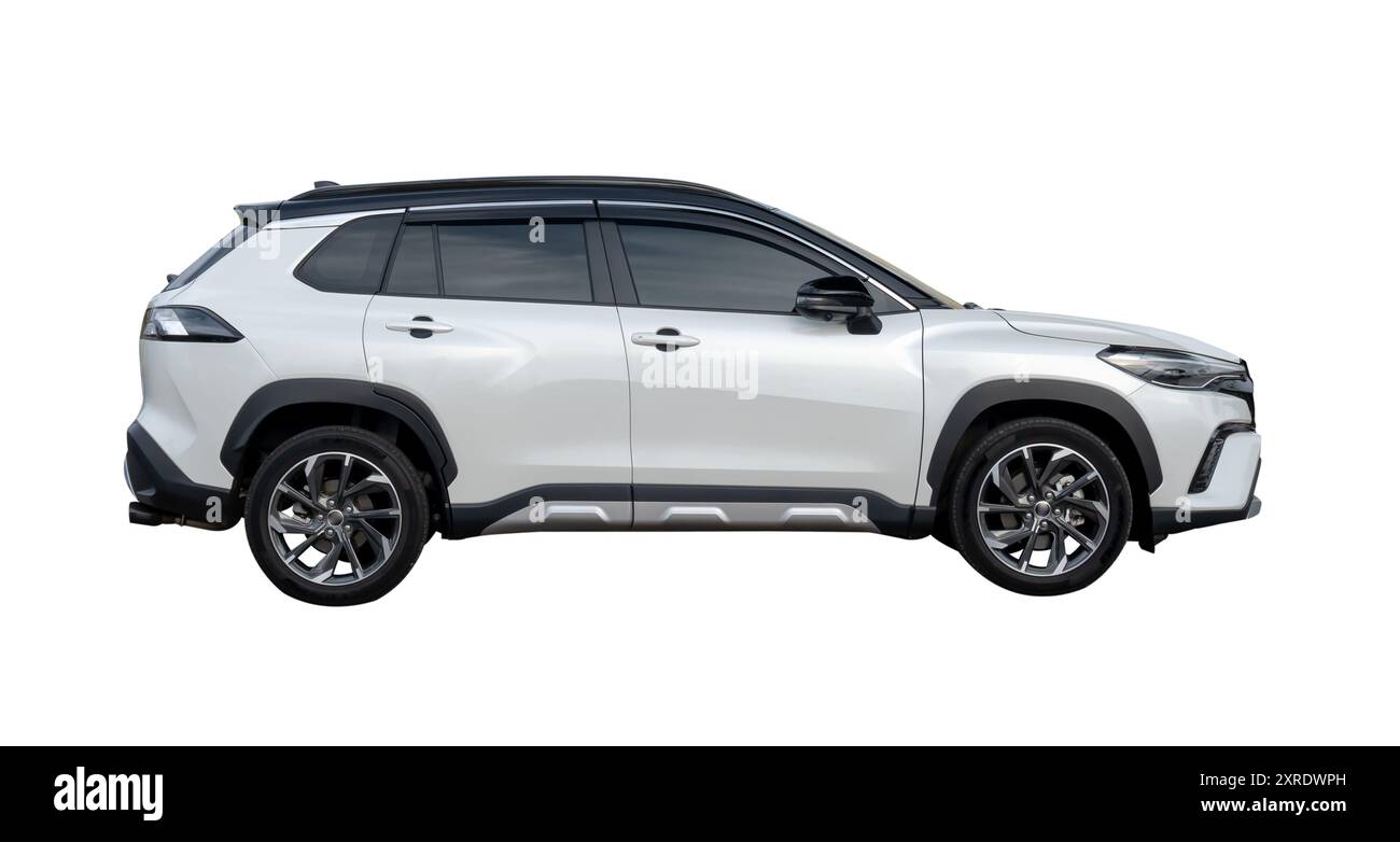 Side view of white hatchback car is isolated on white background with ...