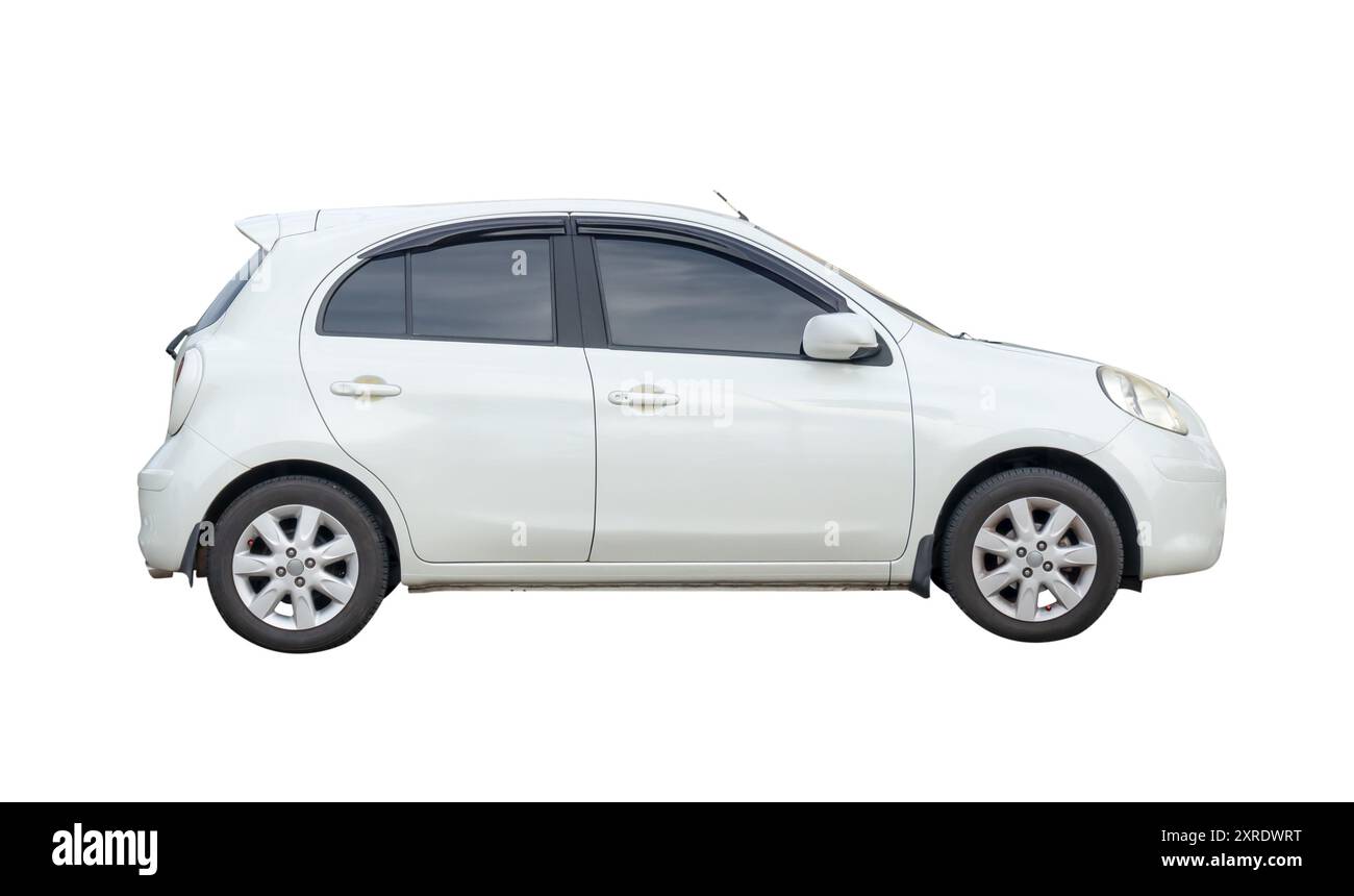 Side view of white mini or small car is isolated on white background ...