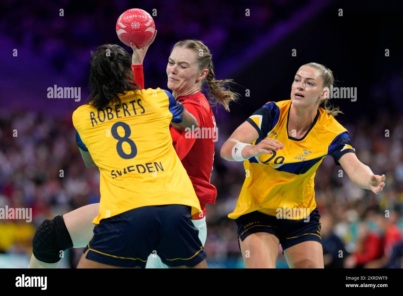 Denmark's Anne Mette Hansen, centre, is challenged by Sweden's Jamina ...
