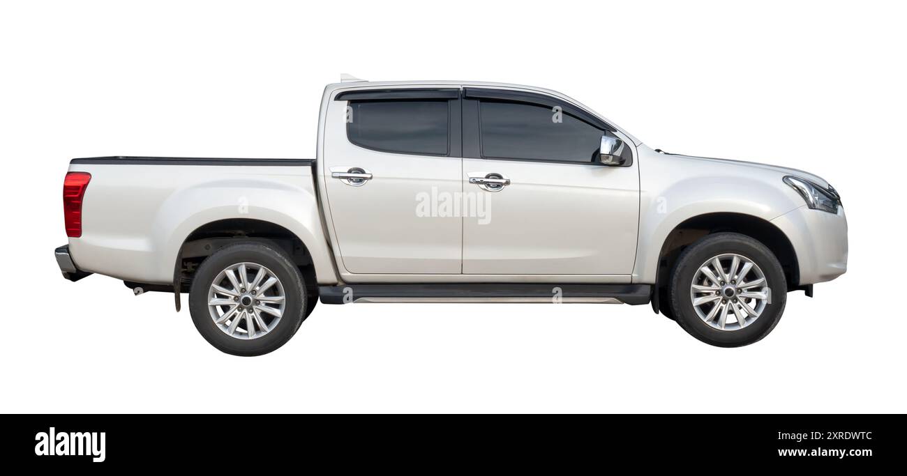 Side view of white pickup truck is isolated on white background with ...