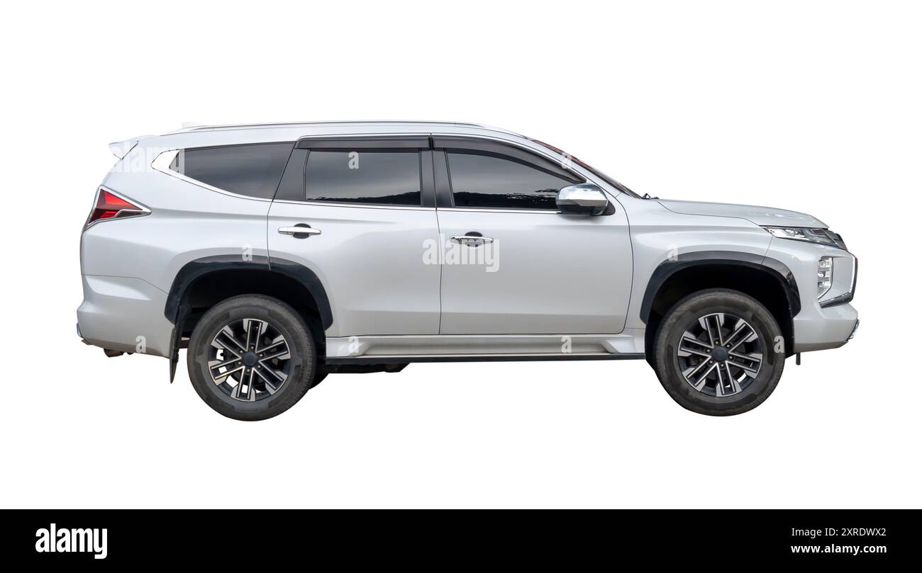 Side view of silver SUV car is isolated on white background with ...