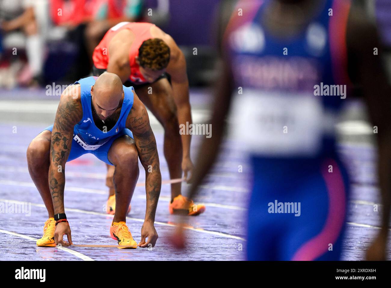 Paris, France. 09th Aug, 2024. Marcell Jacobs of Italy prepares to ...