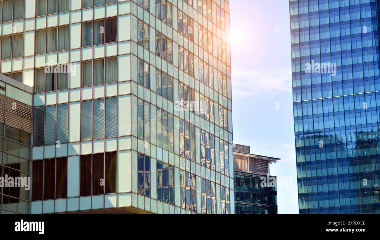 Modern sustainable glass office buildings. Exterior view of corporate ...