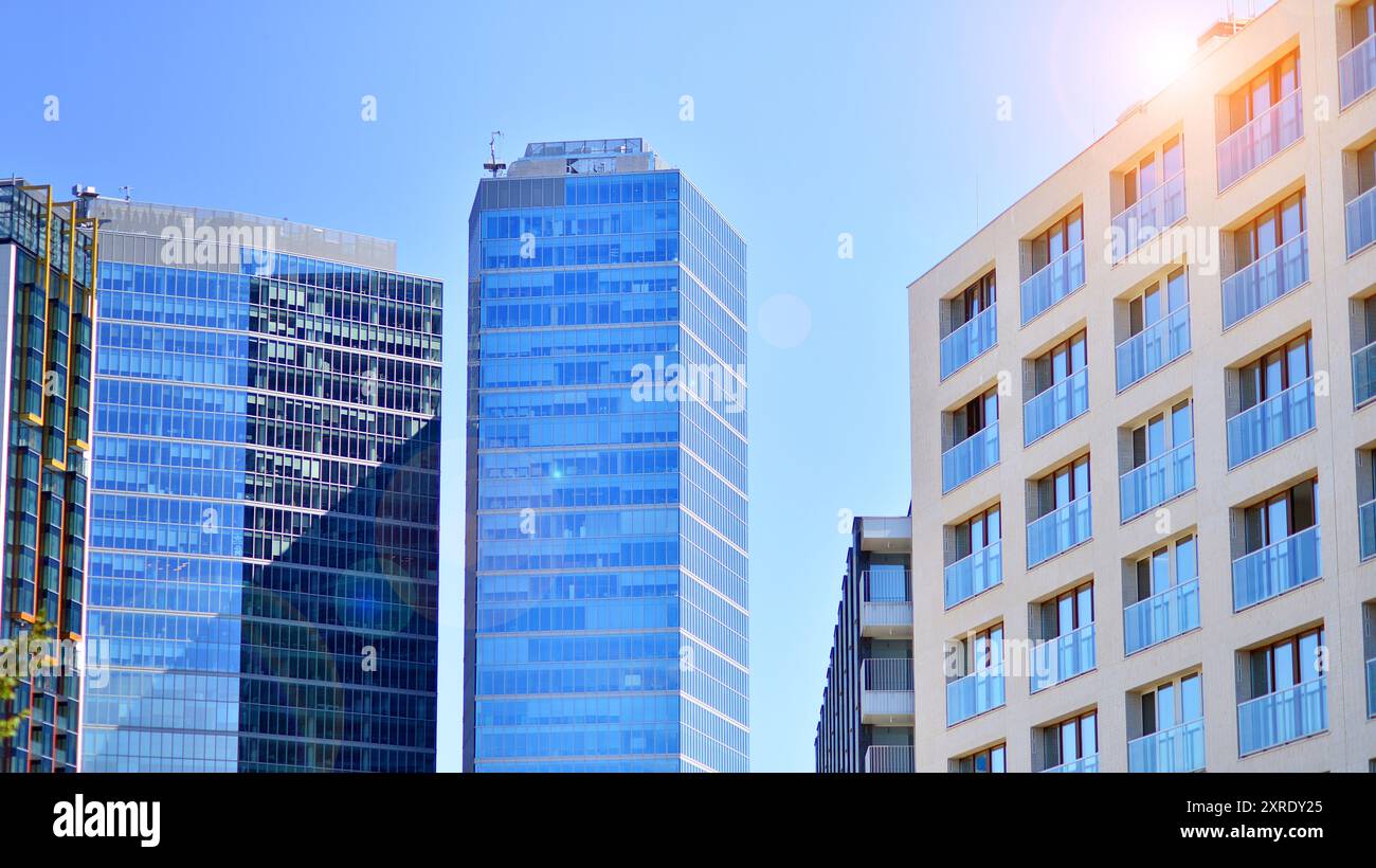 Modern sustainable glass office buildings. Exterior view of corporate ...