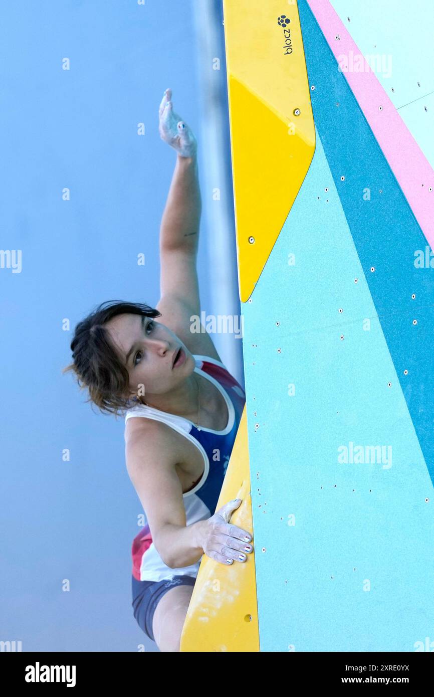 Oriane Bertone of France competes in the women's boulder and lead ...