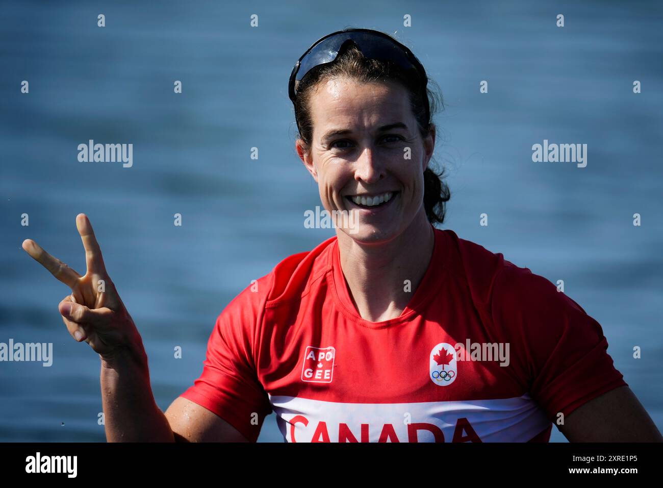 Michelle Russell, of Canada, poses after competing in the women's kayak single 500-meter ...