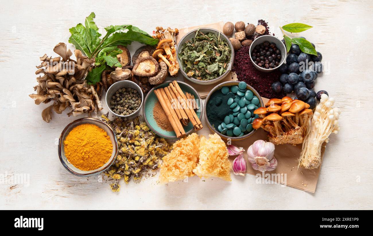 Adaptogen healthy food. Herb and spice collection on light background ...
