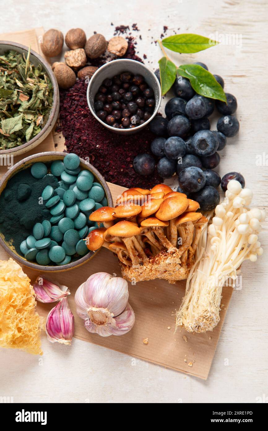 Adaptogen healthy food. Herb and spice collection on light background ...