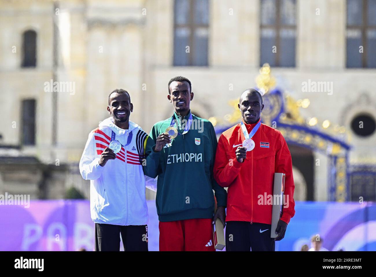 Paris, France. 10th Aug, 2024. Belgian Bashir Abdi, Ethiopian Tamirat Tola and Kenya's Brimin ...