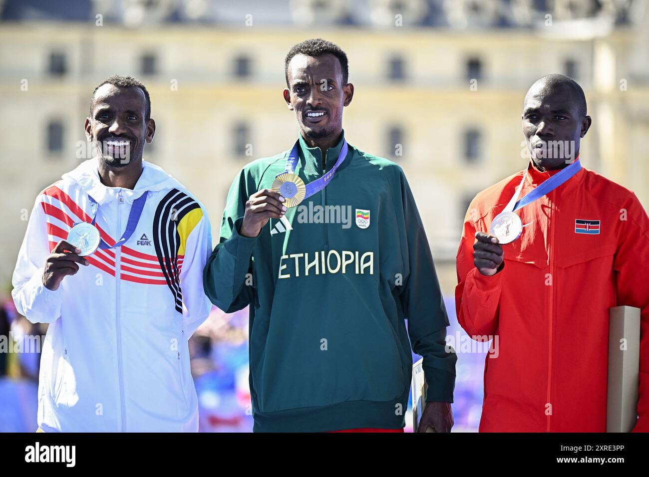 Paris, France. 10th Aug, 2024. Belgian Bashir Abdi, Ethiopian Tamirat Tola and Kenya's Brimin ...