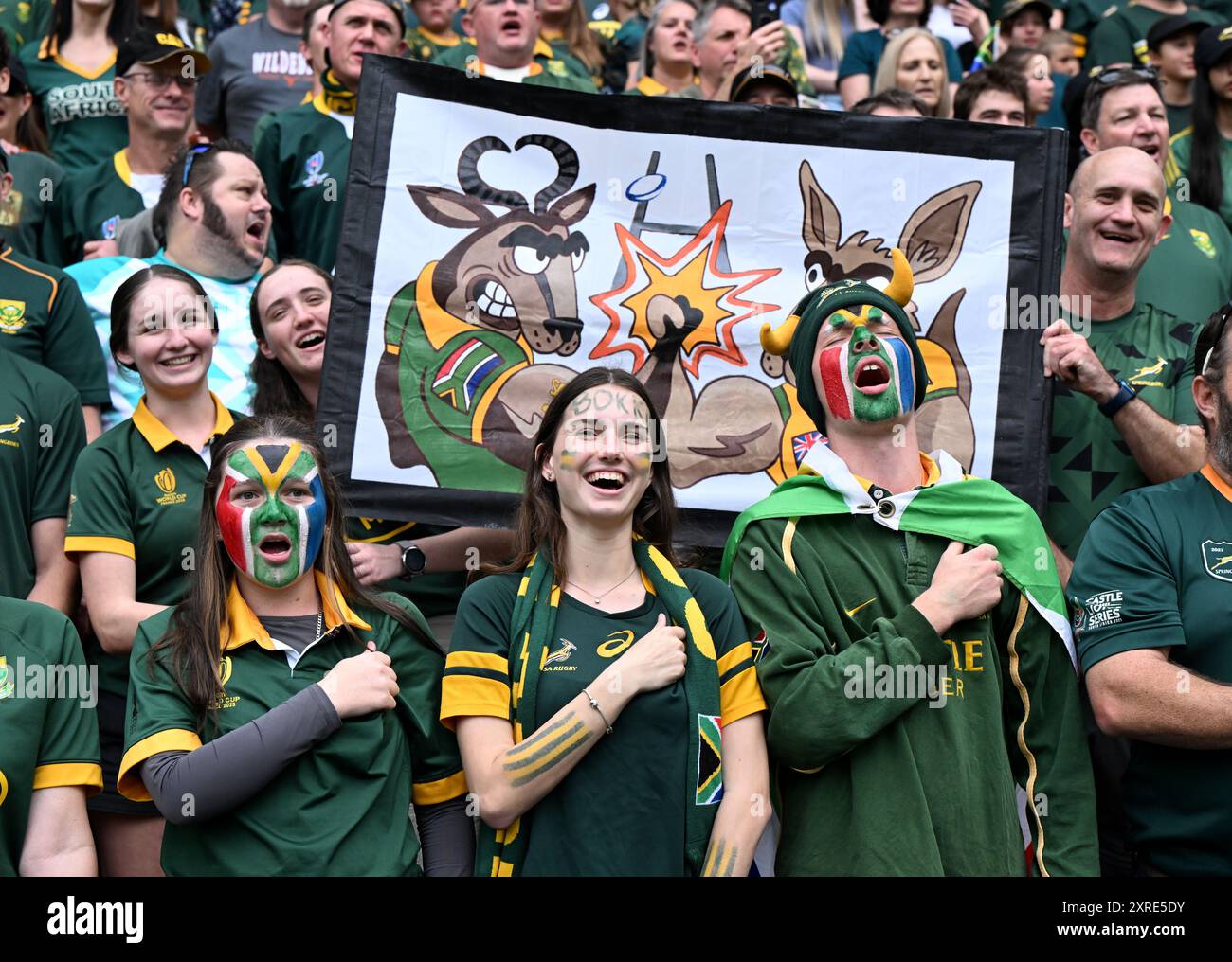 Brisbane, Australia. 10th Aug, 2024. Springboks fans are seen singing ...
