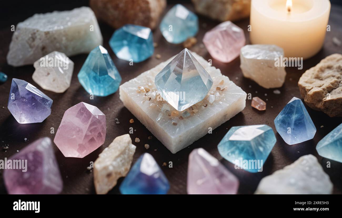 Gemstones, crystals and diamonds of different shapes and colors. Energy ...