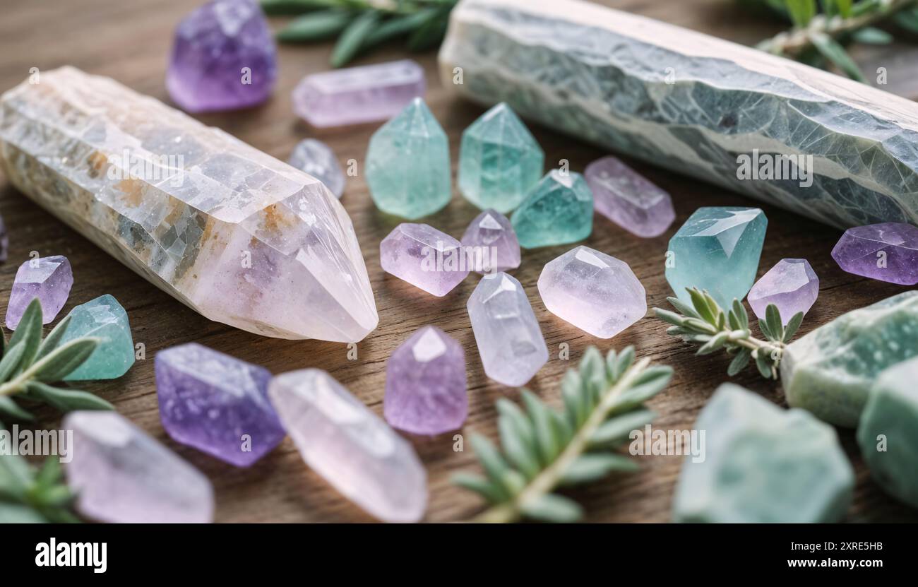 Gemstones, crystals and diamonds of different shapes and colors. Energy ...