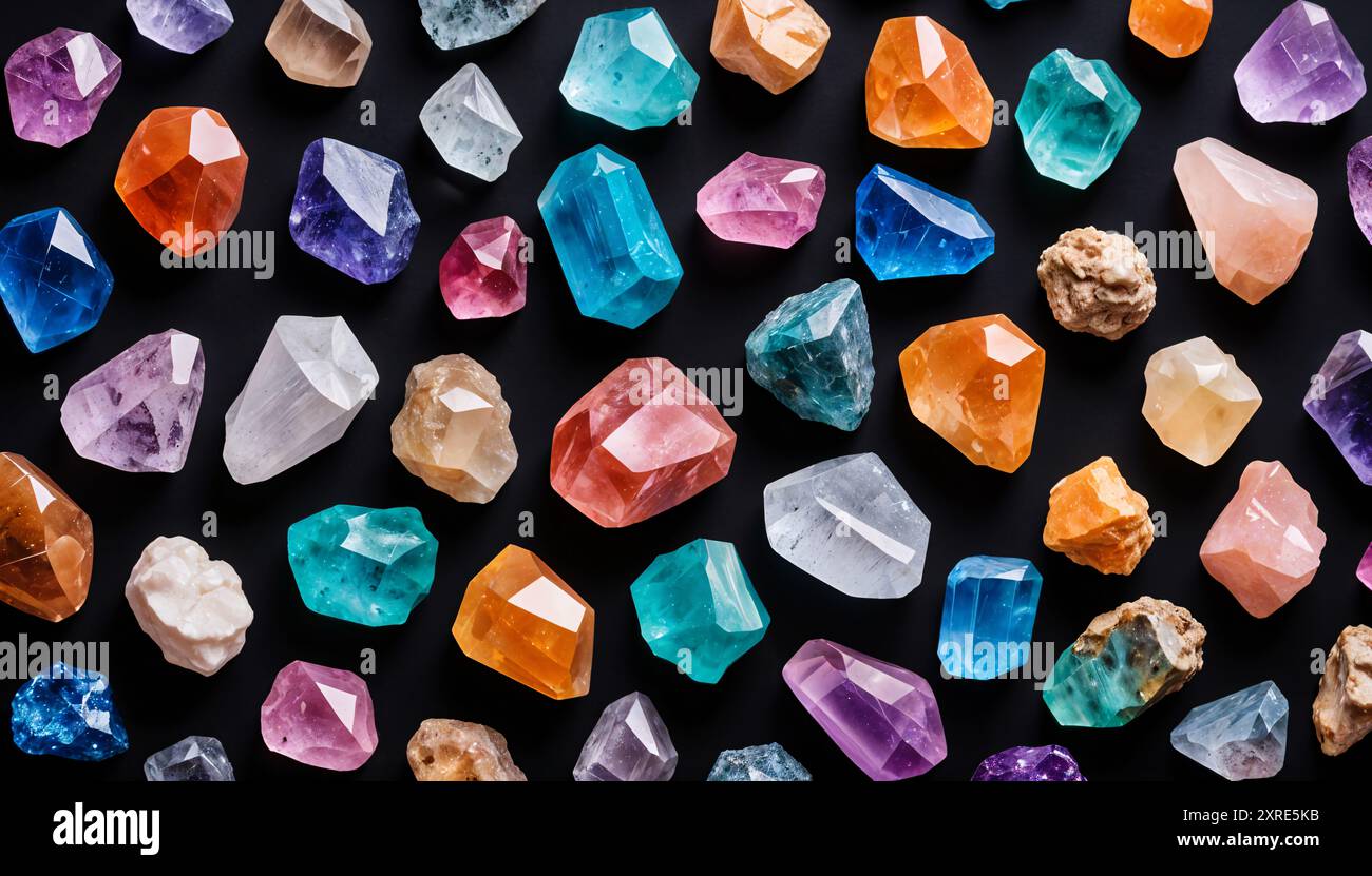Gemstones, crystals and diamonds of different shapes and colors on ...