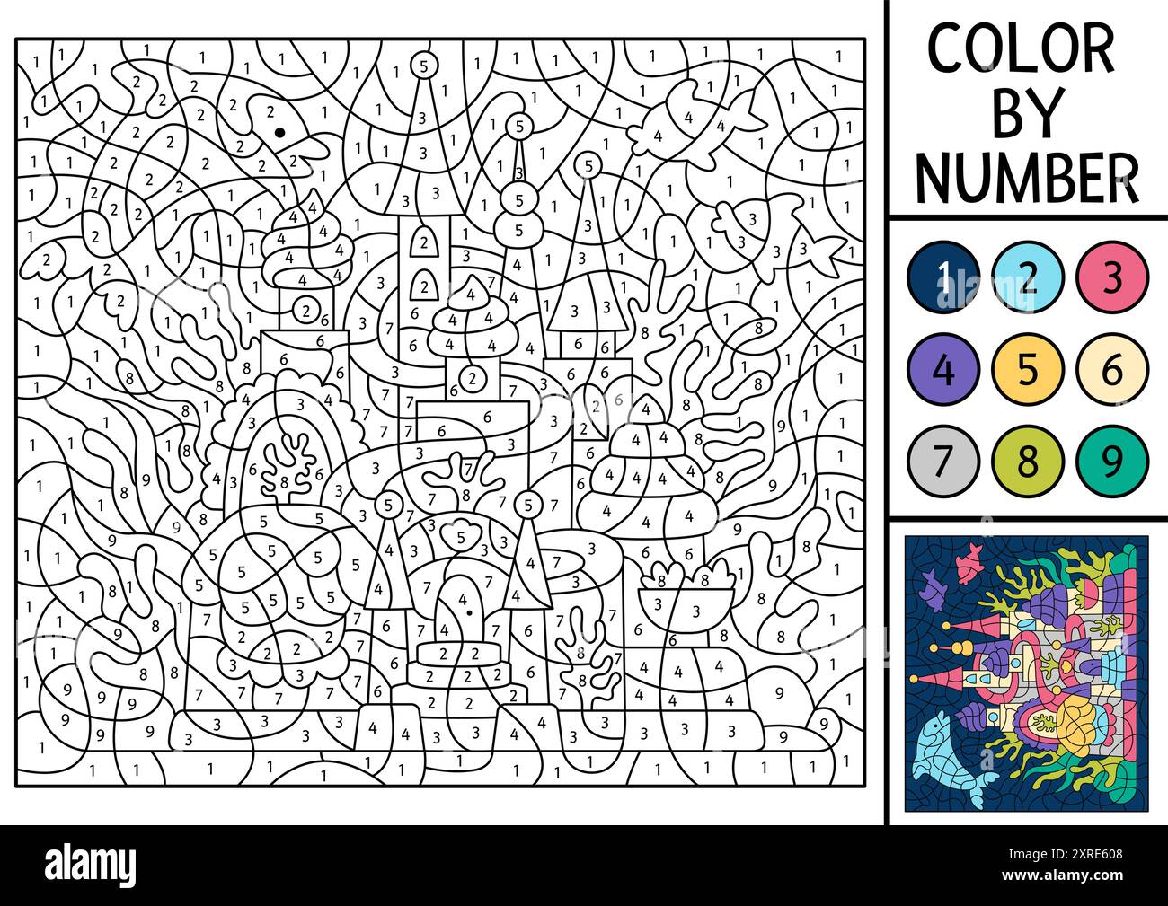 Vector mermaid color by number activity with cute sea palace, fish ...