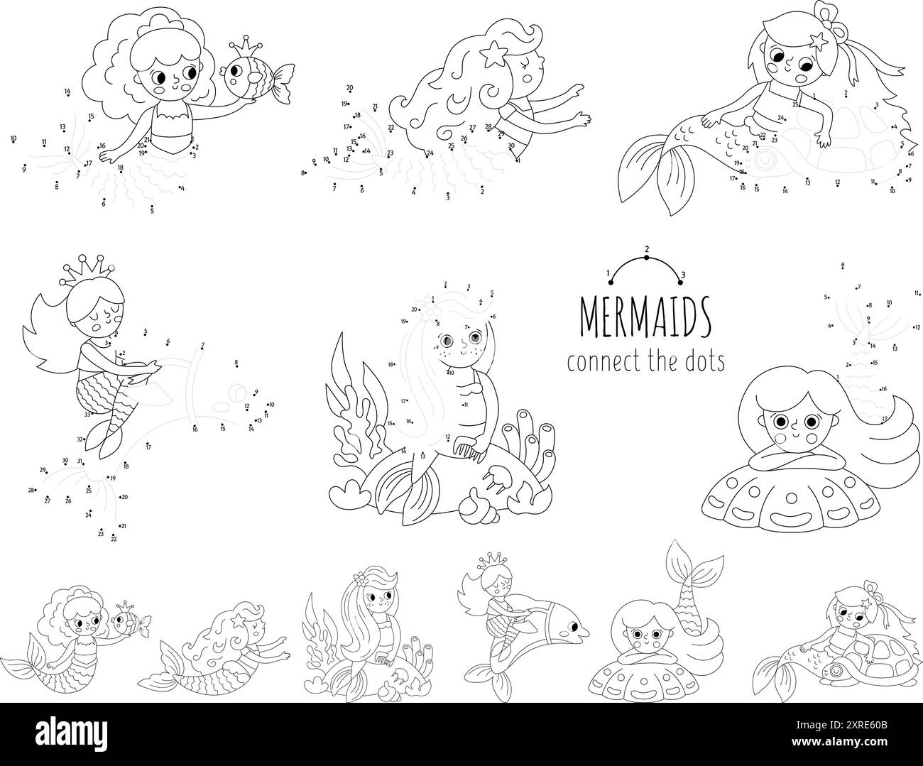 Vector dot-to-dot and color activities set with cute mermaids. Ocean ...
