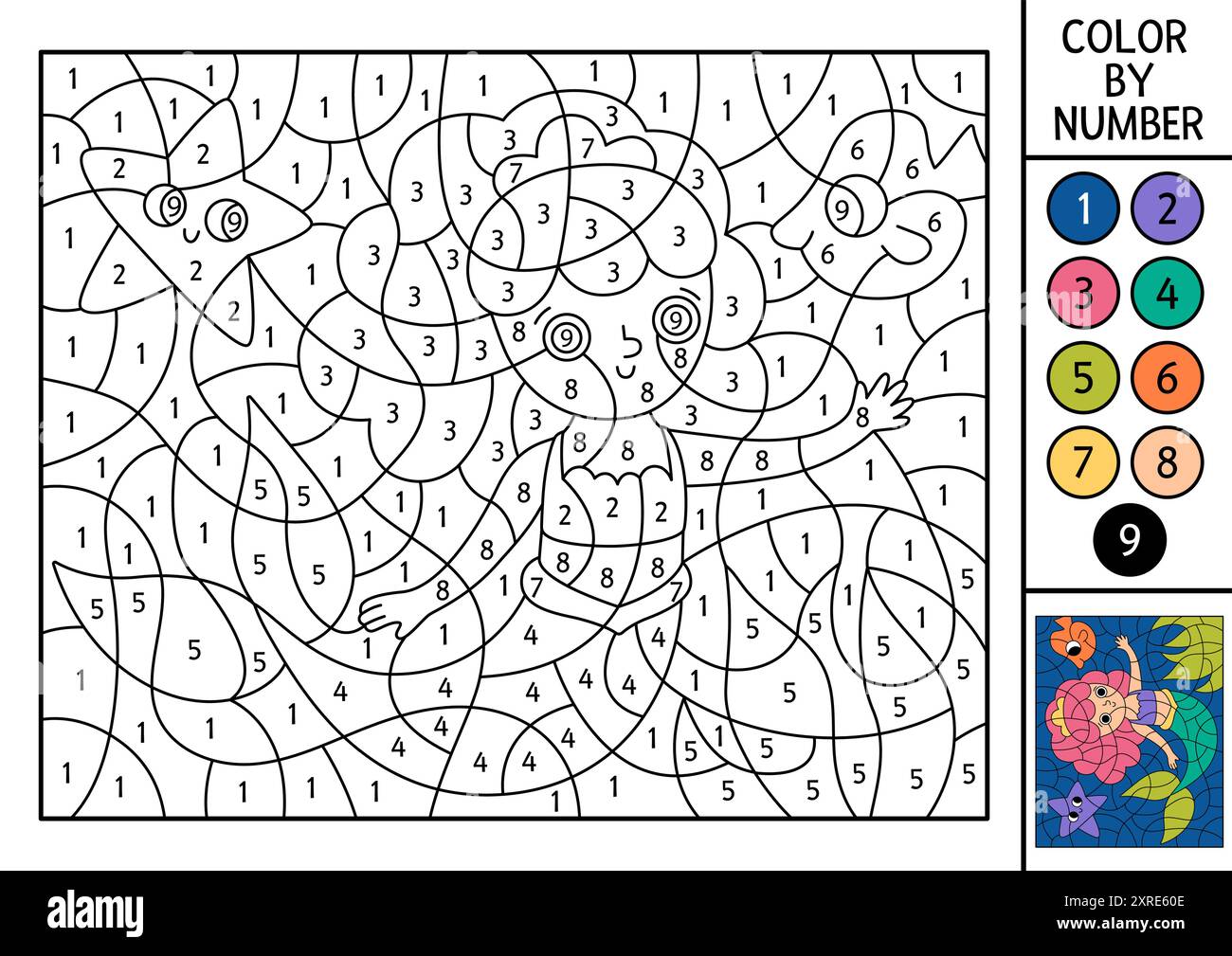 Vector mermaid color by number activity with cute sea princess ...